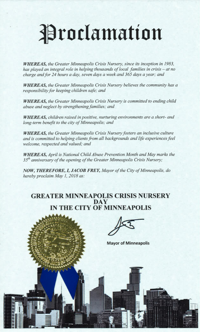 Mayor Declares May 1, 2018 Greater Minneapolis Crisis Nursery Day ...
